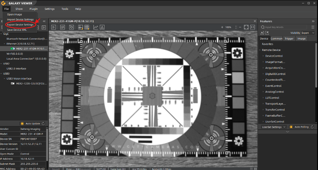 How to Export and import industrial camera settings